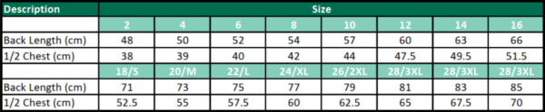Sizing Charts - Beleza School Uniforms