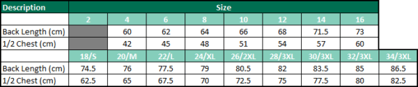 Sizing Charts - Beleza School Uniforms